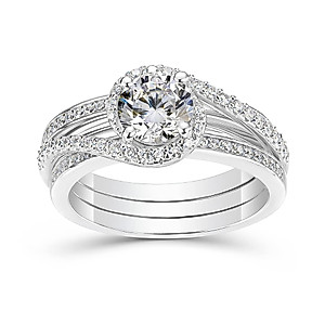 3 Piece Halo Wedding Ring Set for Women Bridal Ring Set 1 Ct Center Moissanite Engagement Ring Set Platinum Plated Silver Anniversary Promise Rings size9.5