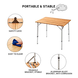 KingCamp Bamboo Camping Table Adjustable Height Portable Compact Folding Table for Indoor Outdoor Picnic Backyard BBQ