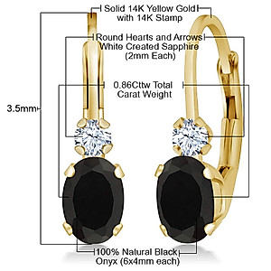 Gem Stone King 14K Yellow Gold Black Onyx and White Created Sapphire Leverback Earrings For Women | 0.86 Cttw | Gemstone December Birthstone | Oval 6X4MM, Round 2MM | 3/4 Inch