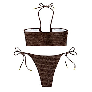 SweatyRocks Women's 2 Piece Bathing Suit Ribbed Tie Side Halter Bikini Swimsuit Coffee Brown M