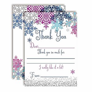 Winter Snowflake Birthday Thank You Notes, Ten 4" x 5.5" Fill In The Blank Cards with 10 White Envelopes by AmandaCreation