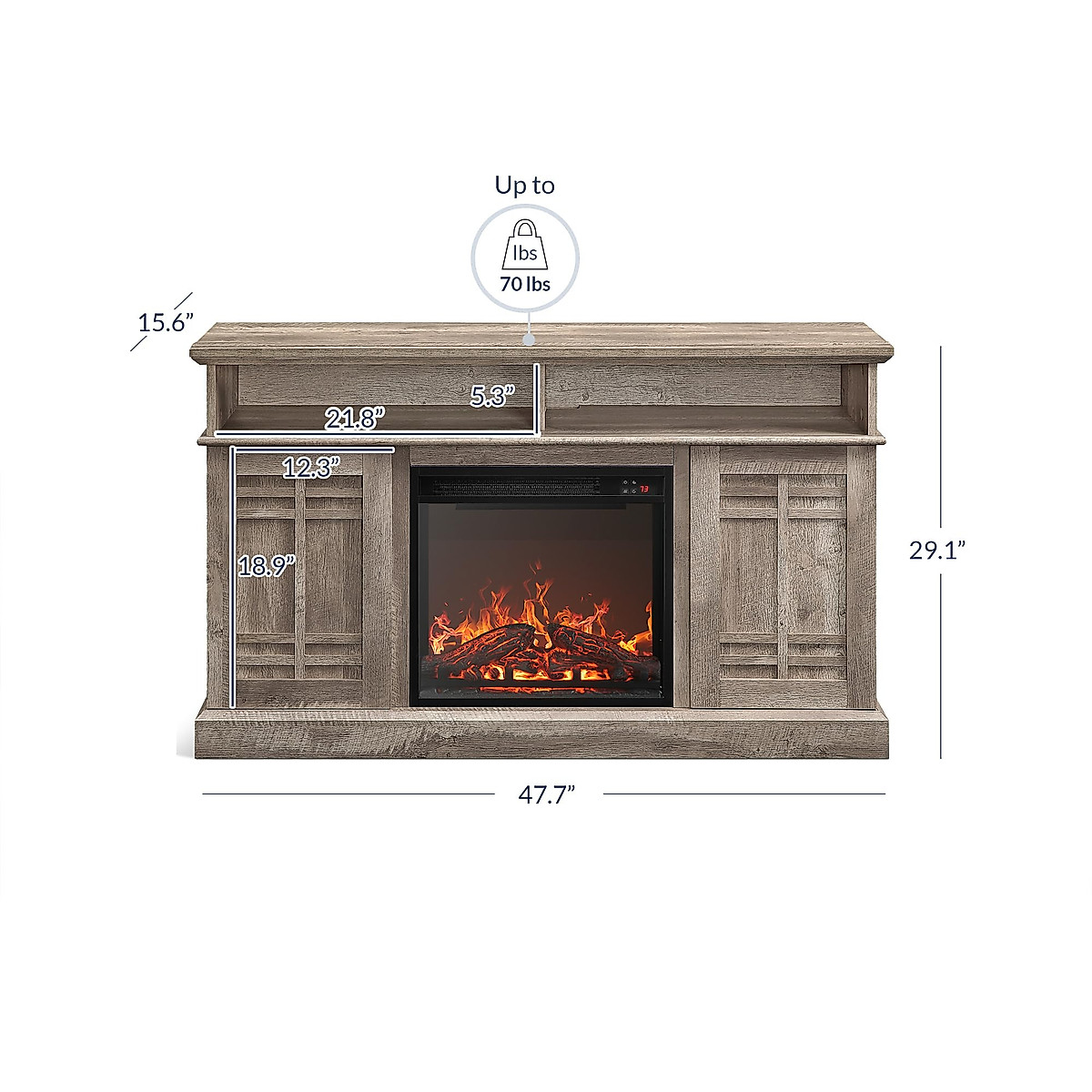 BELLEZE 48" TV Stand with 18" Electric Fireplace Heater, Modern TV Stand for TVs up to 50", Entertainment Media Stand with Open Shelves and Storage Cabinets for Living Room, Bedroom (Ashland Pine)