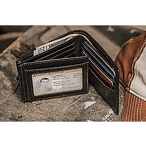 HoJ Co. BASS FISH Bifold Wallet for Men | Extra Capacity Two ID Windows | Full Grain Leather With Hand Burnished Finish | Multi Card Capacity | Outdoor Sportsman Men's Wallet