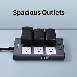 Power Strip, SUPERDANNY Flat Plug Surge Protector, 10 ft Extension Cord with 15A 6 Widely Multi Outlets, 3.1A Fast Charge 4 USB Ports, Fire-Retardant