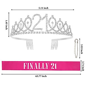 CAVETEE Silver Finally 21 Birthday Sash and Crown for Women 21st Birthday Crown and Sash Set Silver Birthday Queen Tiara and Sash for Girl Women