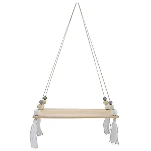 Hanging Wood Floating Shelves Nordic Wall Hanging Shelf Swing Wall Storage Shelf for Living Room Bedroom, [White Gray]