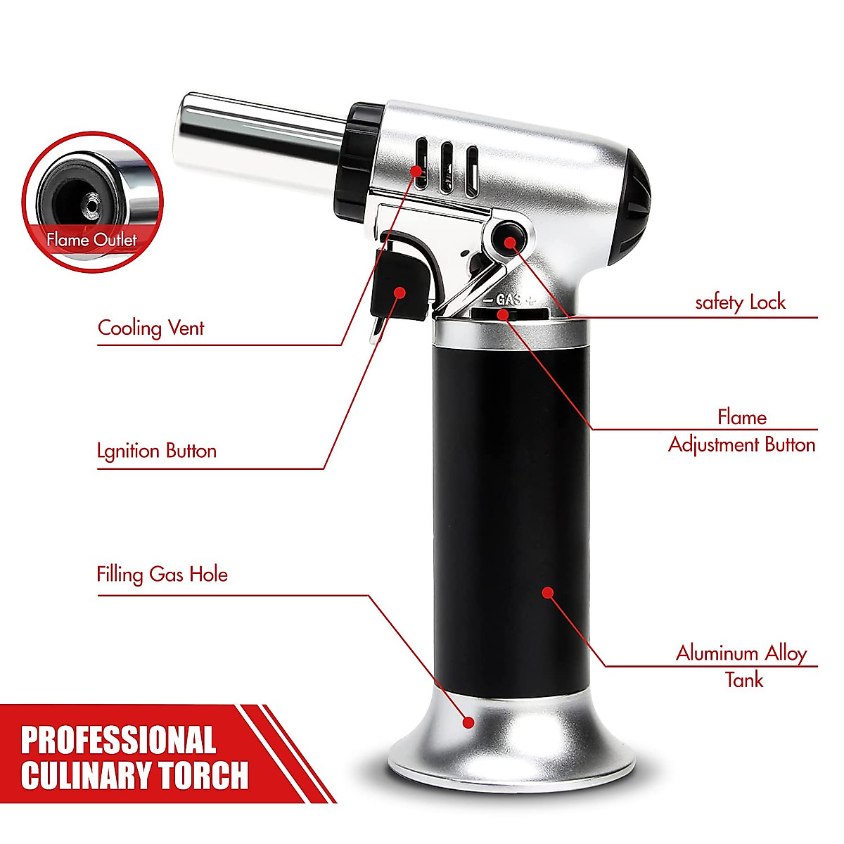 Blow Torch, Butane Torch with Fuel Gauge, Refillable Torch Lighter with Safety Lock, Adjustable Flame, One-handed Operation, Kitchen Torch for Cooking, BBQ, Baking(Butane Gas Not Included)