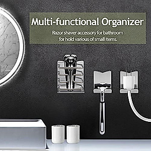 Electric Razor Holder Wall Mounted,Toothbrush Holder,with Shaver Hook Hanger 2 Pack,Stainless Steel Self Adhesive Shower Storage Razor Shelves and Hooks,Razor Shaver Accessory Organizer for Bathroom