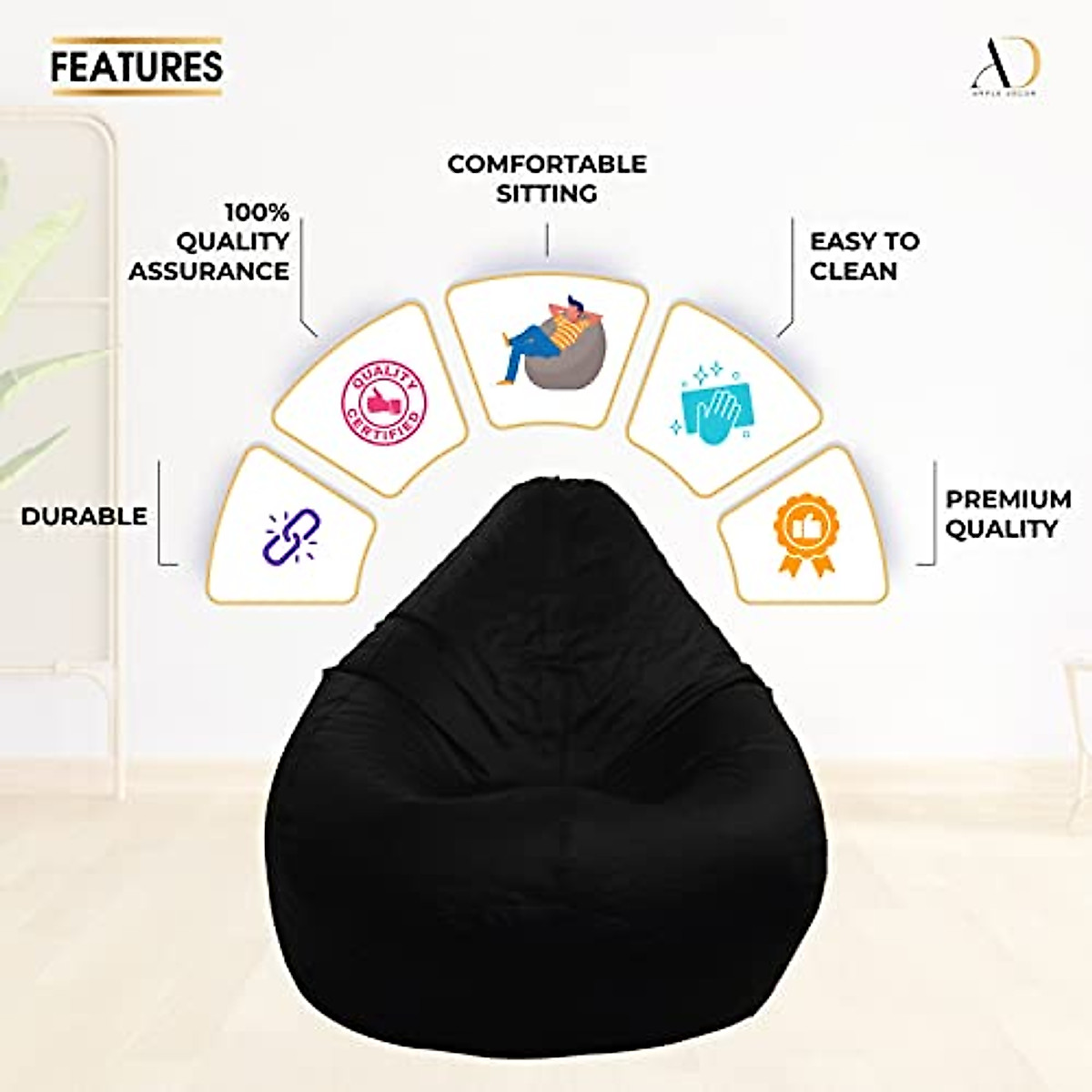 Ample Decor Bean Bag Cover (No Filling), Plush Toys Storage Soft Leatherette, Water Resistant, Durable Construction Sturdy Zipper, Ideal for Teenagers, Kids - Black