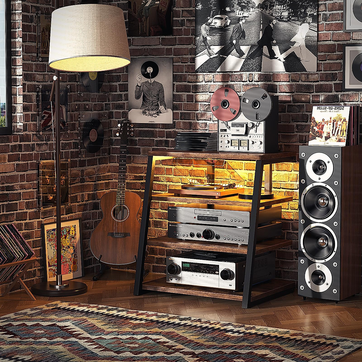 armocity 4-Tier AV Media Stand with Power Strips, Corner TV Stand with LED Lights, Rack Audio Tower with Adjustable Shelves, Corner Entertainment Center, 30'', Rustic Brown