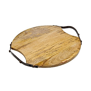 Godinger Wood Serving Tray, Charcuterie Platter Cheese Board with Metal Handles - Round - Large