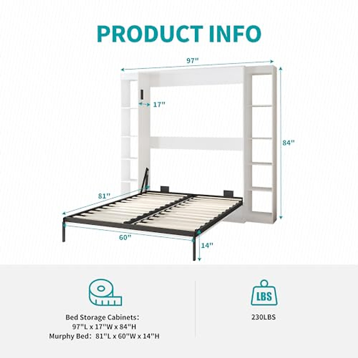 BALUS 97" W Murphy Bed with 2 Storage Cabinets, Queen Size Murphy Cube Cabinet Bed, Solid Wood Fold up Horizontal Murphy Wall Bed, Folding Bed Frame for Guest Room Bedroom Apartment - White