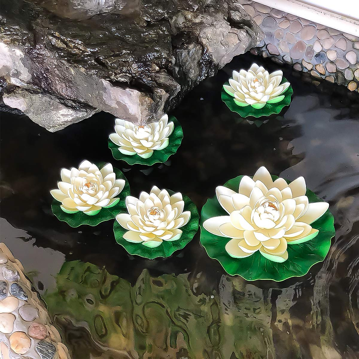 AZEX Linyida Artificial Floating Foam Lotus Flowers,Artificial Water Lily Pads, Lotus Lilies Pad Ornaments for Patio Koi Pond Pool Aquarium Home Garden(6PCS Ivory)