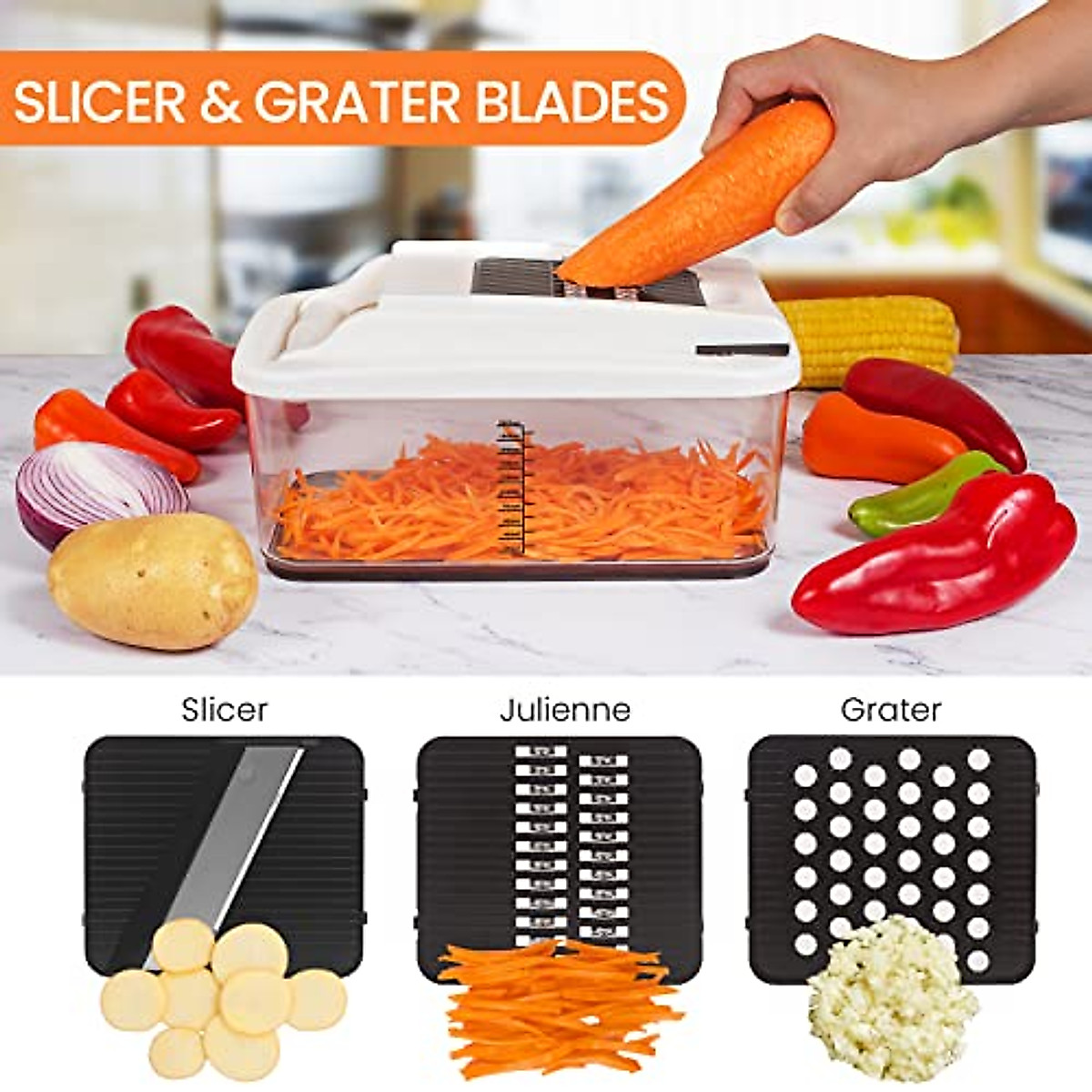 RüK Vegetable Chopper, Extra Large Pro Food Chopper, Multi 10-in-1 Onion Chopper Vegetable Cutter, 6 Blades, 4 Vegetable Spiralizers for Salad Potato Carrot with 2.6-Quart Container & E-Recipes