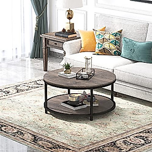 WiberWi Round Coffee Table 35.8" Rustic Vintage Industrial Design Furniture Sturdy Metal Frame Legs Sofa Table Cocktail Table with Storage Open Shelf for Living Room, Easy Assembly, Gray Brown1