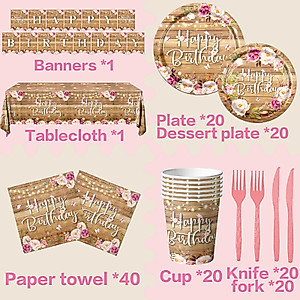 142Pcs Floral Birthday Party Plates Wood Grain Flower Tableware Set for Girls Kids Bridal Shower Party Supplies Rustic Wooden Birthday Paper Plates Napkins Forks Decorations for 20 Guests