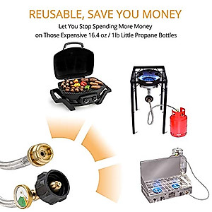 GASLAND 6FT Propane Hose with Gauge, 1lb to 20lb Propane Adapter with Stainless Braided Hose to QCC1/Type1 Tank, Compatible with Camping Stove, Gas Grill and More 1lb Portable Appliance, CSA Certified