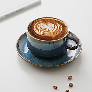 MIKIGEY Ceramics 10oz Cappuccino Cups with Sacuer, Set of 2, Coffee Cup for Au Lait, Latte, Tea, Mocha-Set of 2, Dishwasher and Microwave, Reactive Blue