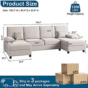SUNLEI 106" Sectional Sofa Couches for Living Room, 4 Seat U-Shaped Sofa Couch with Linen Fabric and Double Chaises, Modern Living Room Furniture Sets for Apartment, White