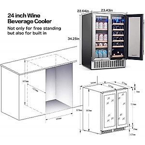 AAOBOSI 24 Inch Wine and Beverage Refrigerator - 19 Bottles & 57 Cans Capacity Dual Zone Wine Cooler - Wine Fridge Built in Counter or Freestanding - 2 Safety Locks and Blue Interior Light