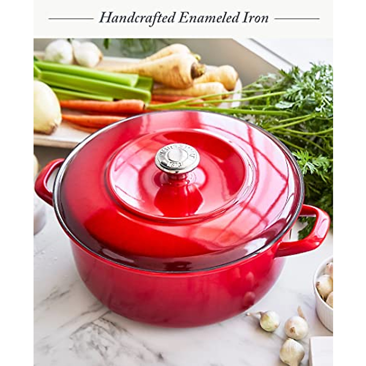 Merten & Storck European Crafted Enameled Iron, Round 7QT Dutch Oven Casserole with Lid, Lava Red