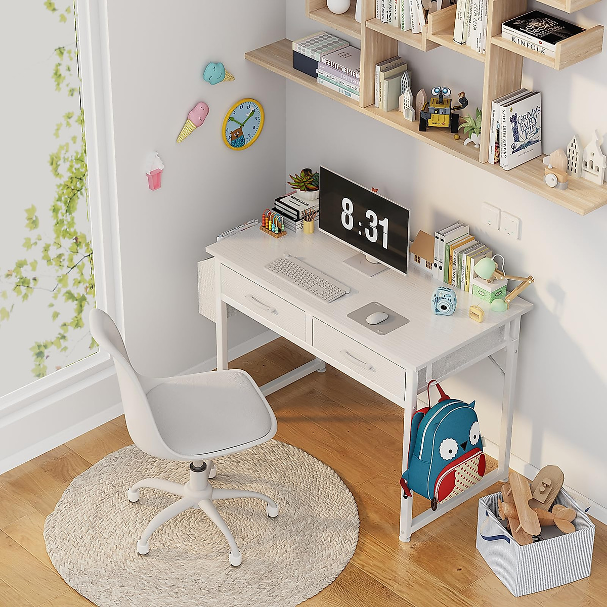 DLisiting White Small Desk with Fabric Drawers - 32 Inch Vanity Desk with Storage Drawer and Bag for Bedroom, Study Writing Table for Small Spaces, White