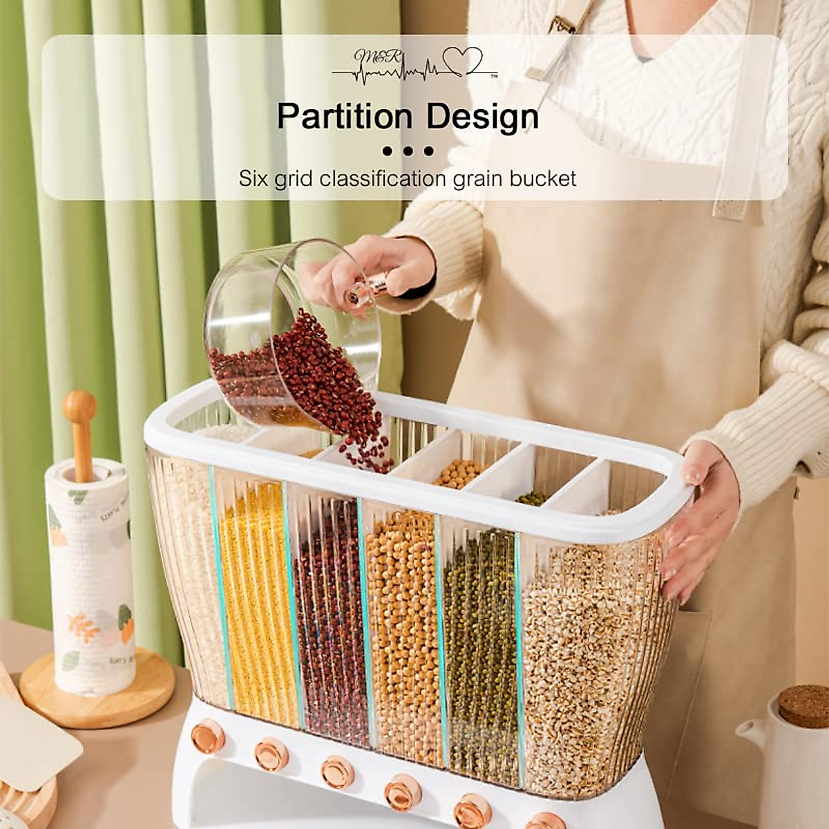 M&R, Dry Food Dispenser, Rice Container, Bulk Food Storage, Grain Canisters - 6 Grid, Moisture Proof/Airtight Dry Food Storage Containers/ Elegant design for home & kitchen.