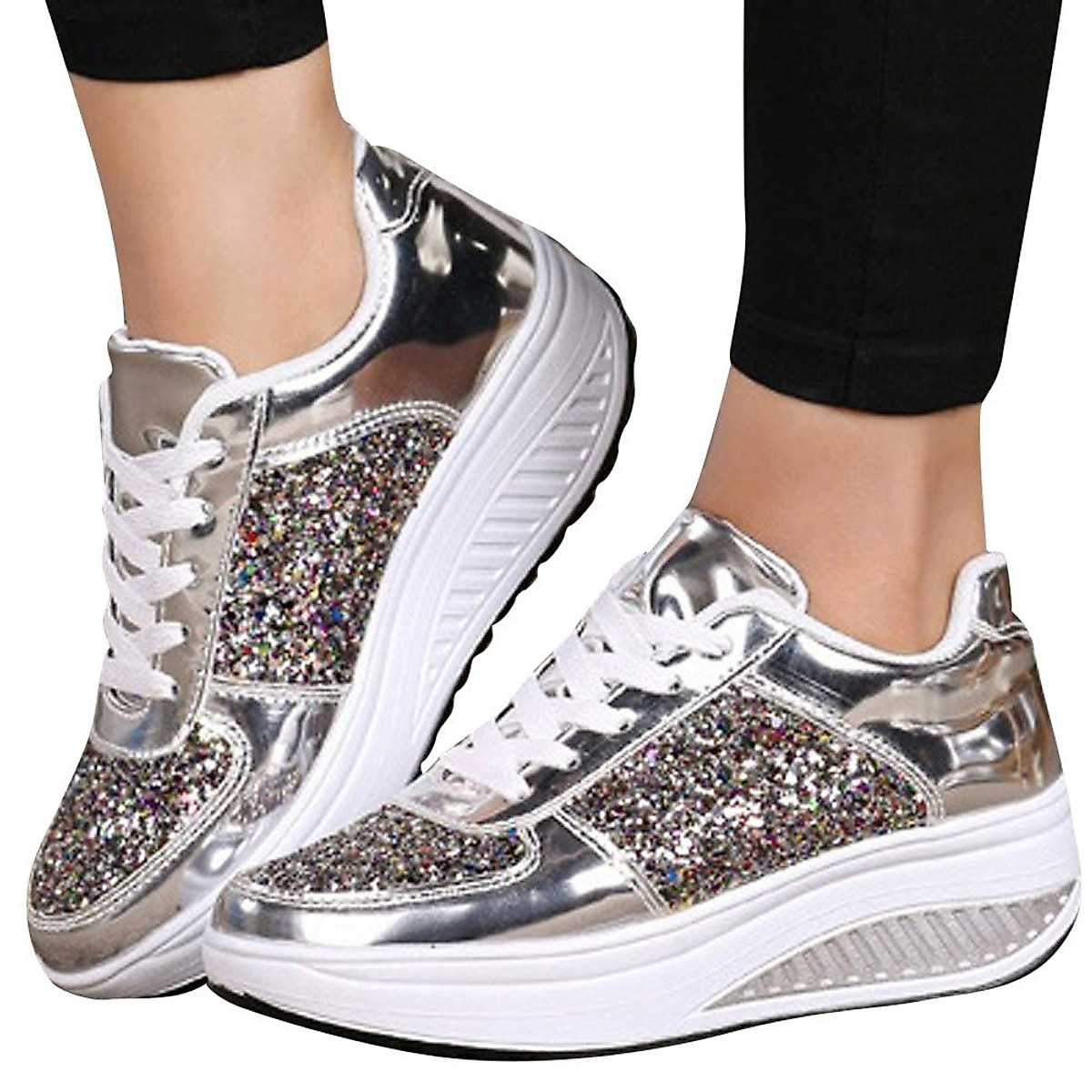 Womens Sports Walking Sneakers Platform Crystal Bling Sneakers Fashion Shoes Lace-Up Flat Heel Orthopedic Shoes Silver