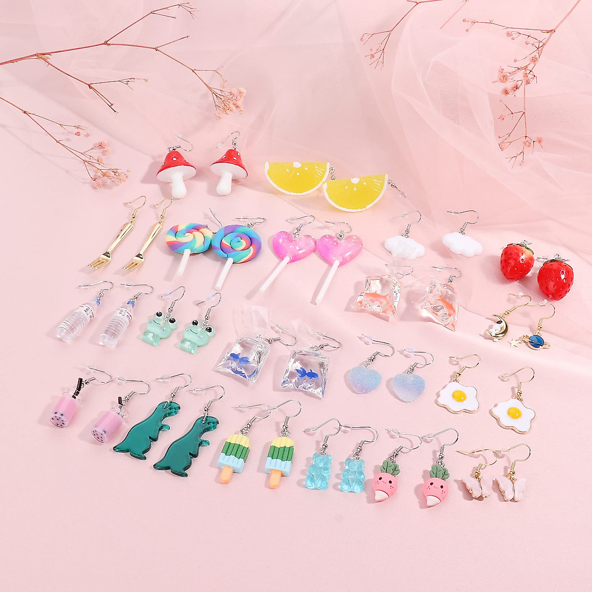 Subiceto 20 Pairs Weird Funny Earrings For Women Teens Gummy Bear Goldfish Water Bottle Mushroom Dinosaur Moon and Stars Strawberry Egg Cute Aesthetic Drop Dangle Earring Set