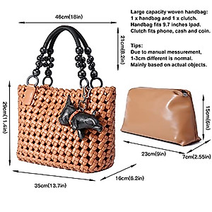 Woven Tote Bags for Women, Large Hollow-out Vegan Leather Fashion Top-handle Purse Shopper Bag Travel Bag (Brown)