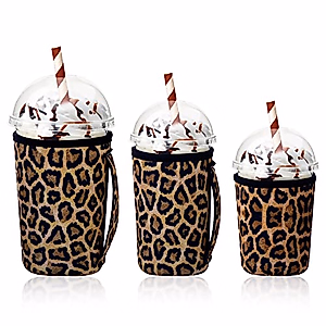 Abeillo 3 Pack Reusable Iced Coffee Sleeves 16-32oz Insulator Sleeves with Handle for Cold Drinks Beverages Drink Sleeve Holder for Popular Brands Coffee Cup (Leopard)