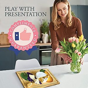 Cheese Board Wood Platter with Gold Brass Cheese Knife Set and Bonus Paper Decorations, Whitewash Wooden Charcuterie Server with Golden Knives (Cheese Board with Utensils and Paper Decor)