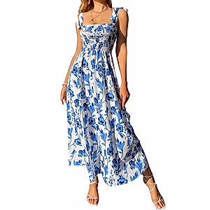 MakeMeChic Women's Summer Boho Dress Casual Floral Print Spaghetti Strap Square Neck Long Maxi Dress Beach Sun Dress A Blue and White M