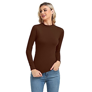 Women Thermal Shirt Fleece Lined Long Sleeve Soft Stretchy Mock Neck Tee Tops Coffee Small