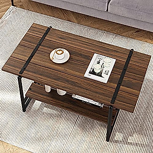 2-Tier Modern Industrial 41'' Large Wood Coffee Table with Storage Shelf - Rustic Metal Rectangle Center Living Room Coffee Table Accent Furniture for Home Office, Brown Walnut