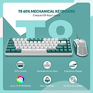 ZIYOU LANG RK-T8PR0 Wired 65% Mechanical Gaming Keyboard and Mouse Combo with RGB LED Backlit Anti-ghosting TKL Mini 68 Key Coiled C to A Cable Tactile Blue Switch for PS4 PS5 Xbox PC Mac Gamer(Green)