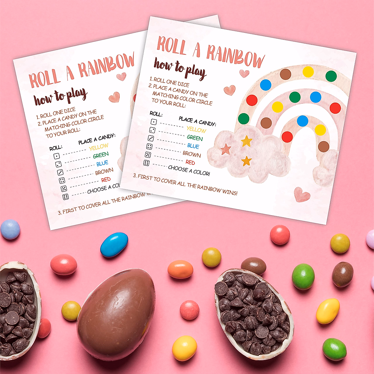 DYIRBIIY 5" x 6" Valentine's Day Party Kids Table Game | Rolling A Rainbow Roll The Dice Game| Valentines Day Dice Game for Kids | 20 Play Cards 20 Colored Dices -TZYX-A05
