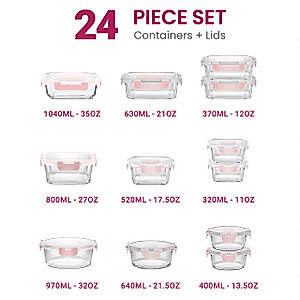 FineDine 24 Piece Glass Storage Containers with Lids - Leak Proof, Dishwasher Safe Glass Food Storage Containers for Meal Prep or Leftovers, Pink