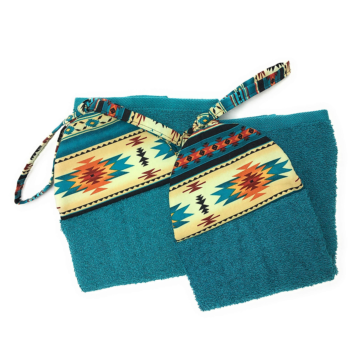 Set of 2 Southwest Black Teal Orange on Cream Ties On Stays Put Kitchen Hanging Loop Hand Dish Towels