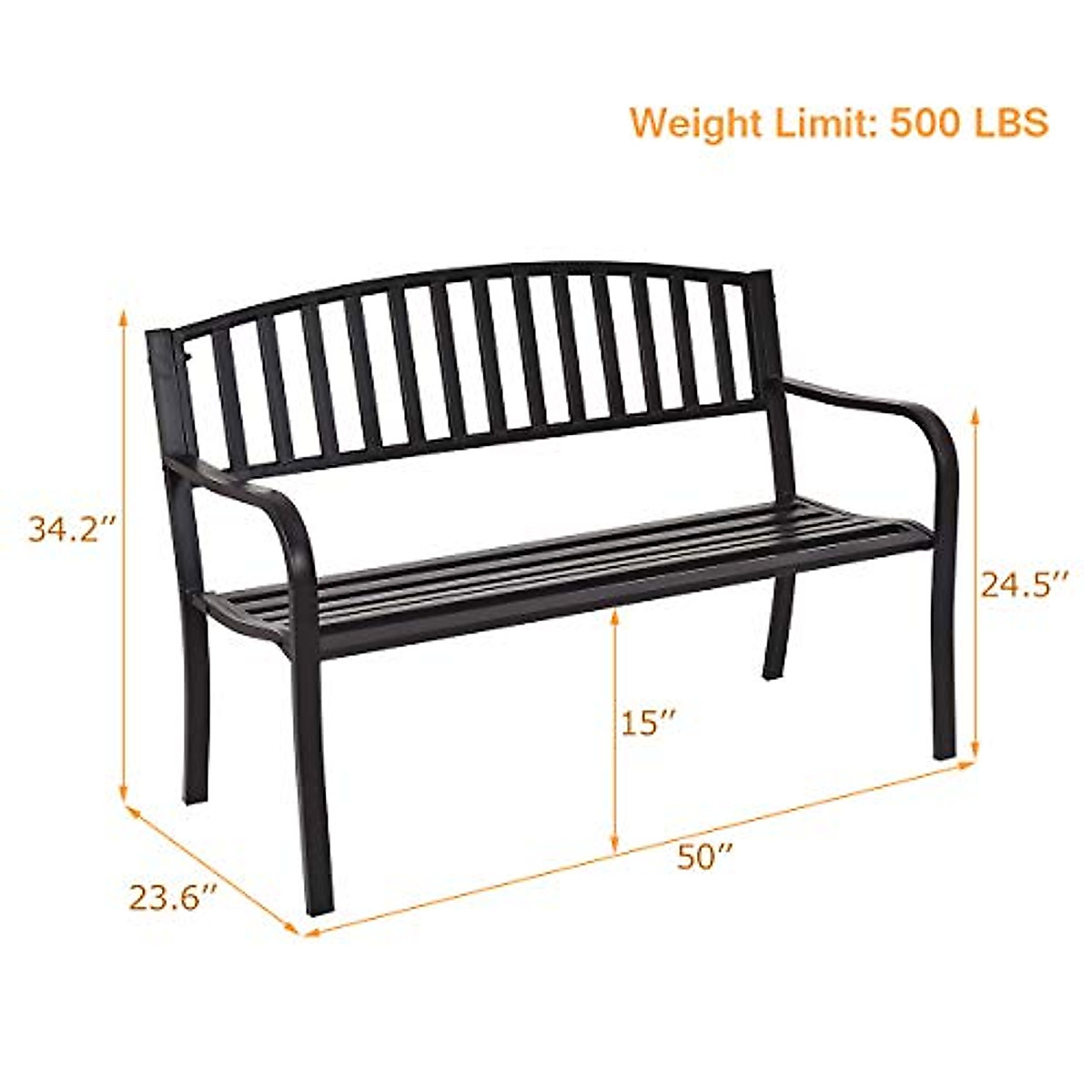 Giantex Outdoor Bench, 50” Patio Garden Bench with Steel Frame, Slat Design, 500 Lbs Weight Capacity, Patio Seating Bench for Porch, Backyard, Poolside, Outside Decor Furniture, Park Loveseat, Black