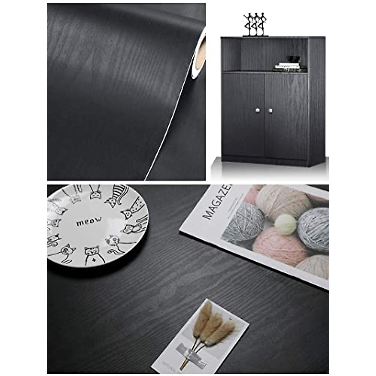 Black Wallpaper - Wood Peel and Stick Wallpaper – Black Wood Self-Adhesive & Removable Wallpaper for Countertop Furniture Kitchen Wall, Realistic Wood Sensation, Easy to Clean, 17.7” × 118” Vinyl