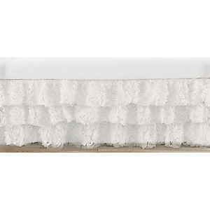 Sweet Jojo Designs White Floral Rose Girl Baby Crib Bed Skirt Nursery Dust Ruffle - Solid Flower Luxurious Elegant Princess Vintage Boho Shabby Chic Luxury Glam High End Roses Ruffle Tiered