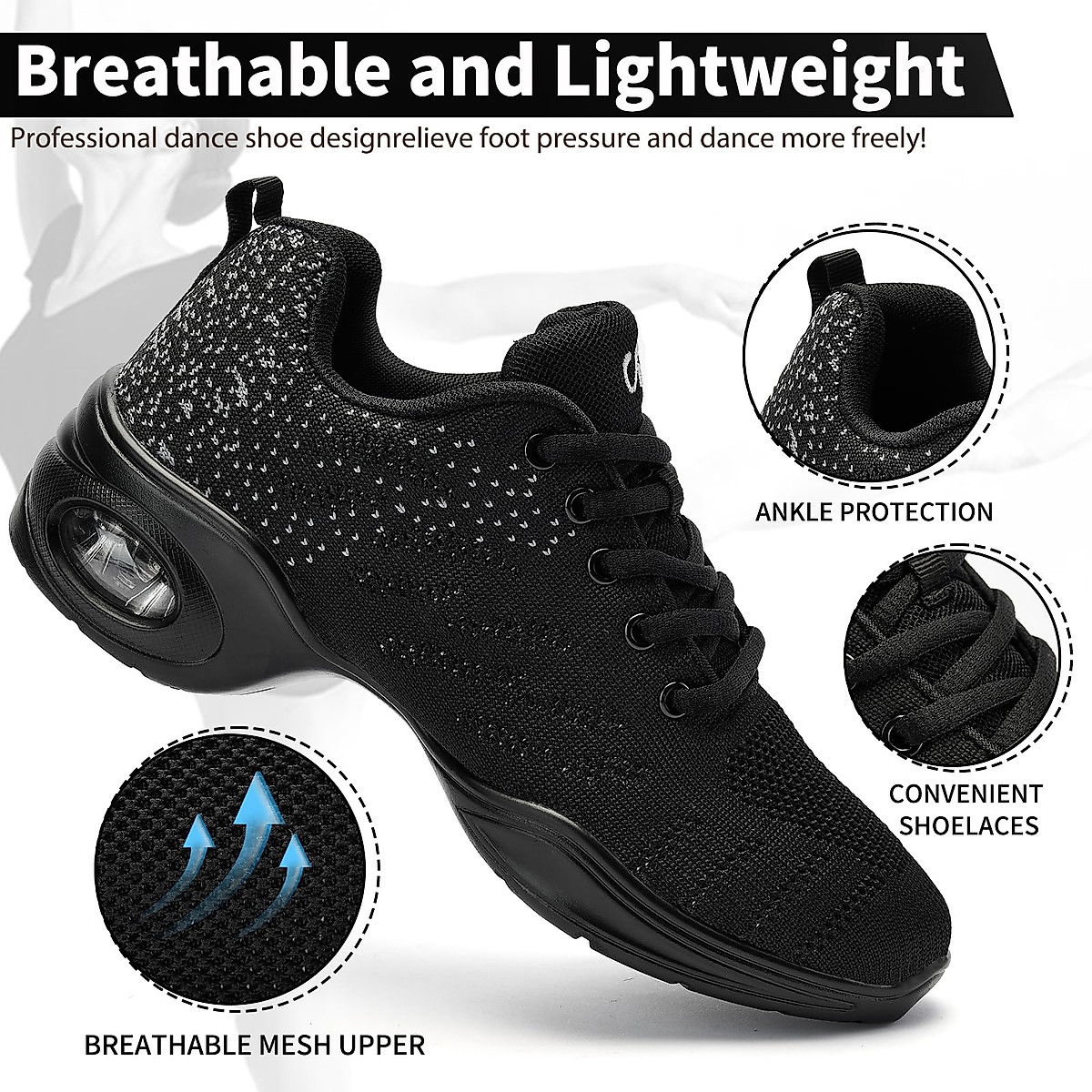 Akk Dance Sneakers for Women Modern Dance Shoes Jazz Shoes Women Dancing Shoes Lace Up Cushion Breathable Ladies Split Sole Dance Sneakers Platform Shoe Spot Black, 8
