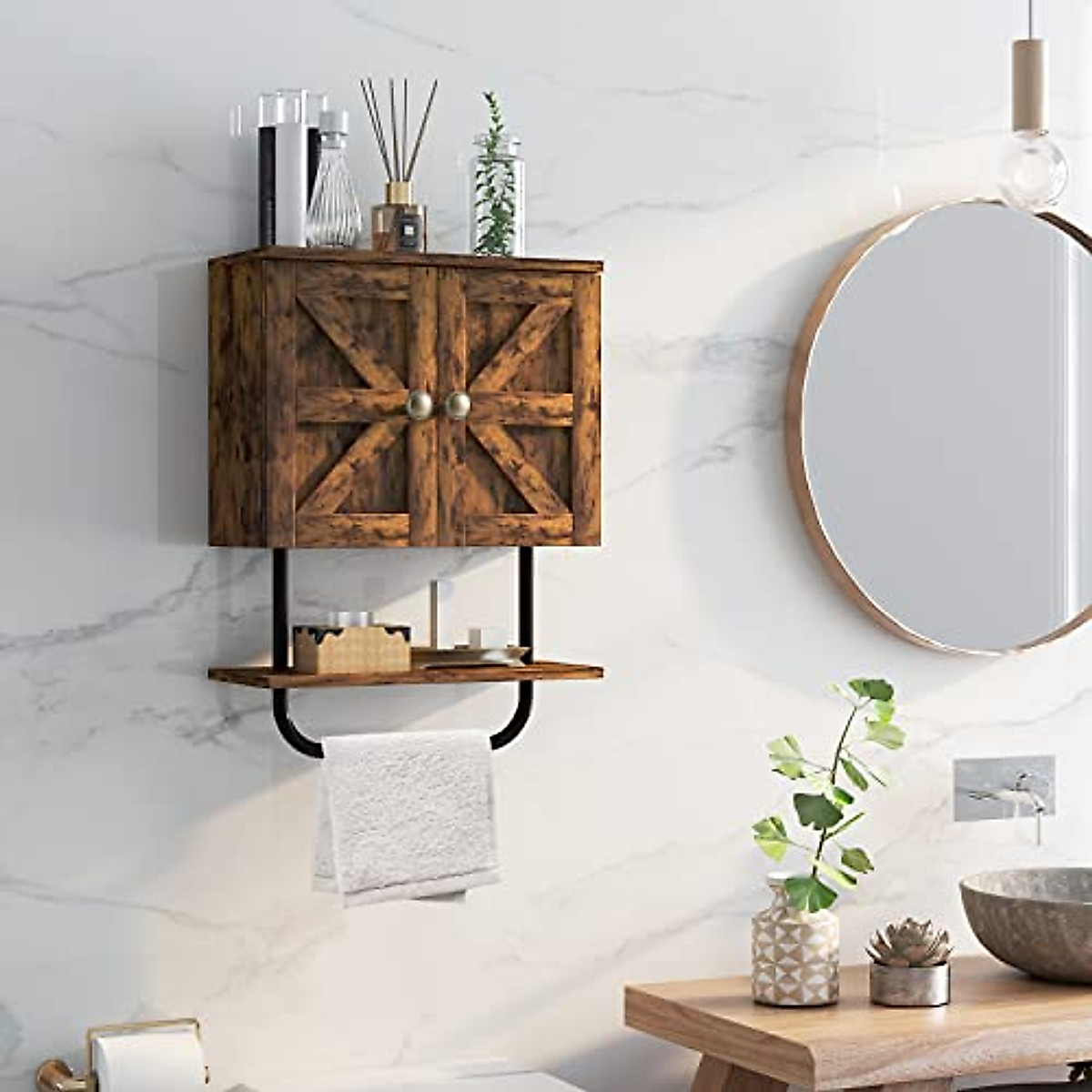 Tangkula Wall Mounted Bathroom Cabinet, 2 Doors Wooden Space Saving Medicine Cabinet with Open Shelf and Towel Bar, Multifunctional Over The Toilet Storage Organizer Kitchen Cupboard (Rustic Brown)