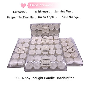 LITLUNA Soy Tealight Candles Scented w/Clear Cup- Pack 60,Assorted 6 Luxury Aromatheraphy Collect-Lavender/Rose/Jasmine Tea/Vanilla/Basil Orange/Apple, Pleasing Smell for Home,Camping,Trip