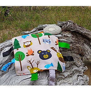 Baby Sensory Crinkle & Teething Square Lovey Toy with Closed Ribbon Tags for Increased Stimulation: 8"X8" (Forest Animals)