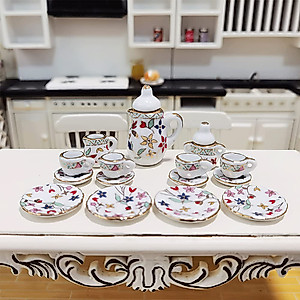 15 Pack Miniature Ceramic Doll Tea Set Dollhouse Tea Cup Set Decoration Accessories for Scale 1:12 Dollhouse Craft (Flowers)
