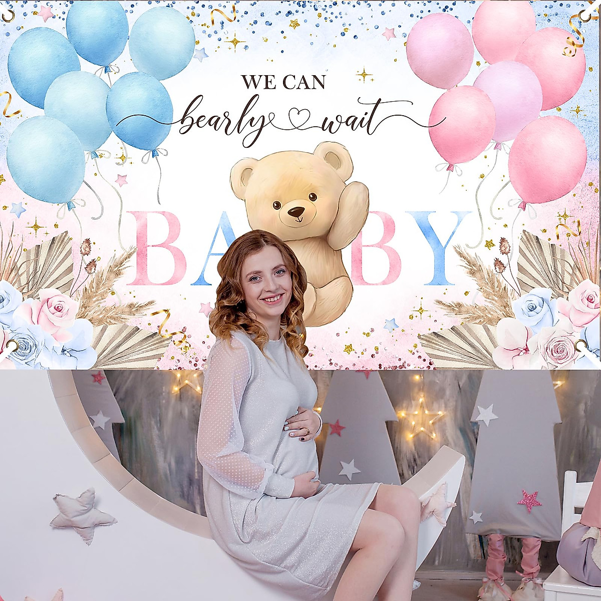 Avezano Boho Bear Gender Reveal Backdrop Banner Boho Floral We Can Bearly Wait Gender Reveal Decorations Pampas Grass He or She Baby Shower Party Decor 70.8 x 43.3 Inch