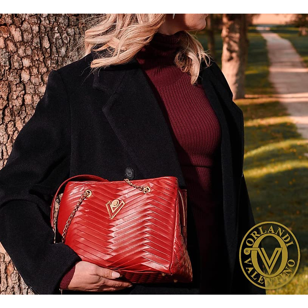 Valentino Orlandi Medium Purse Tote Wavy Pleated Burgundy Leather Italian Designer Bag w/Chain