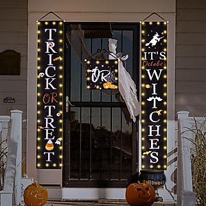 Tatuo 3 Pcs Lighted Halloween Reversible Banner Happy Fall Harvest and Halloween Trick or Treat Witches Banner Thanksgiving Day Halloween Party Porch Sign Hanging Sign for Fall Decorations Outdoor
